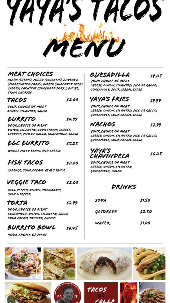 Menu at Yaya's Taco Food Truck restaurant, Sacramento