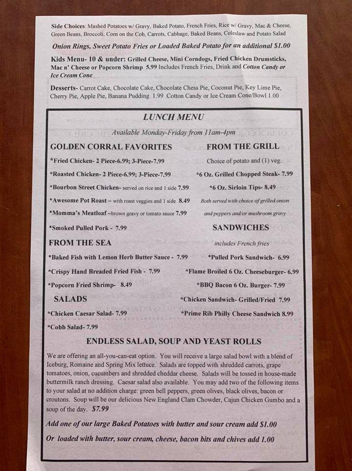 Menu at GC Grill House by Golden Corral restaurant, Lake Placid