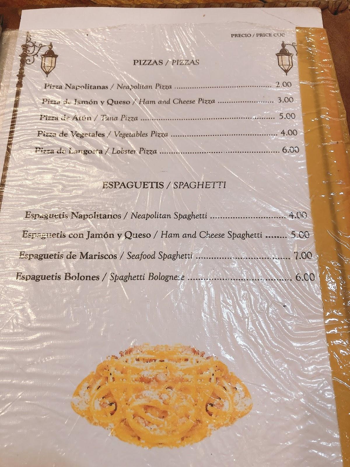 Menu at La Colonial restaurant, Vinales