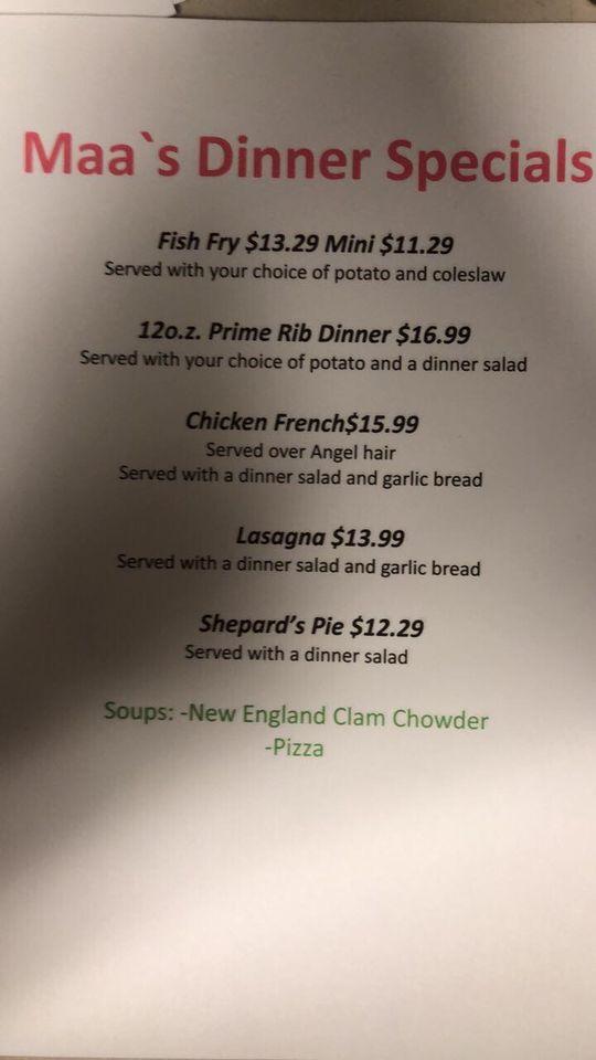 Menu at Maa's Diner restaurant, Rochester