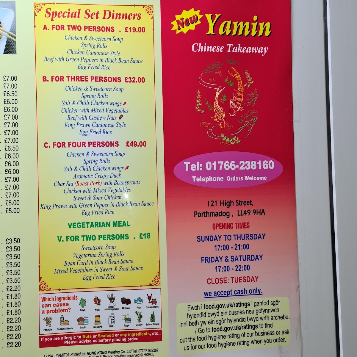 Menu at New Yamin Chinese Takeaway, Porthmadog