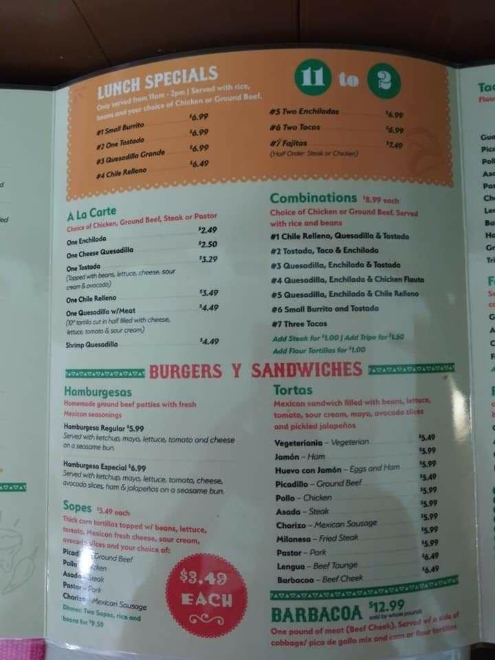 Menu at Puebla Mexican Restaurant, West Liberty