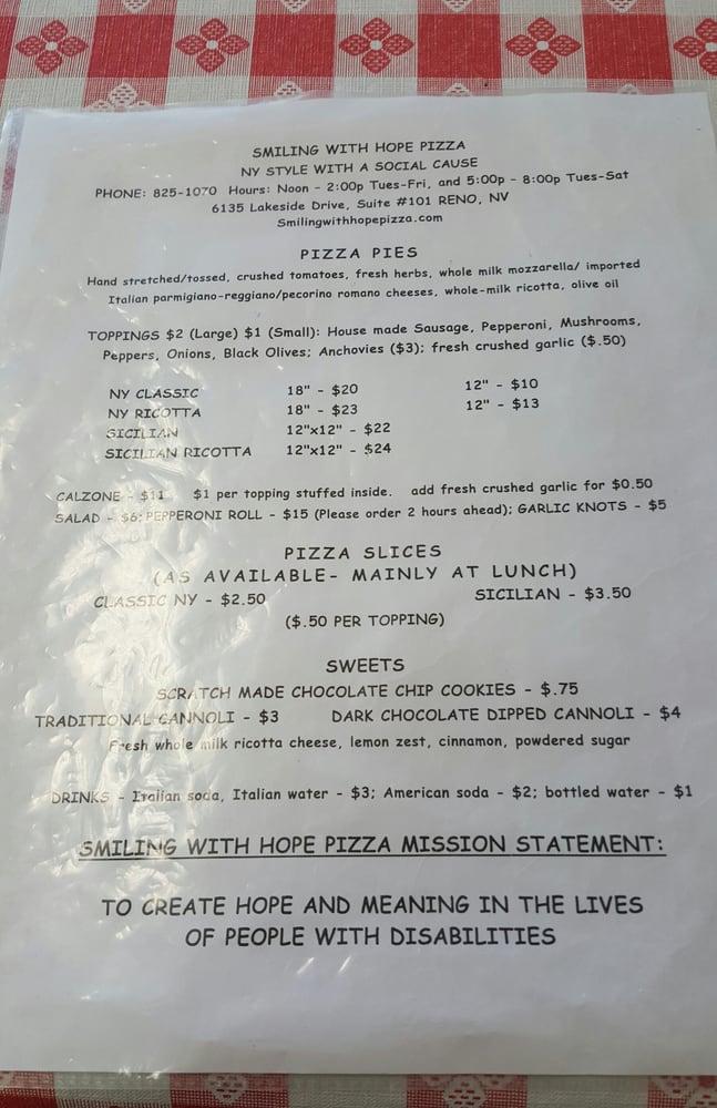 Menu at Smiling with Hope Pizza pizzeria, Reno
