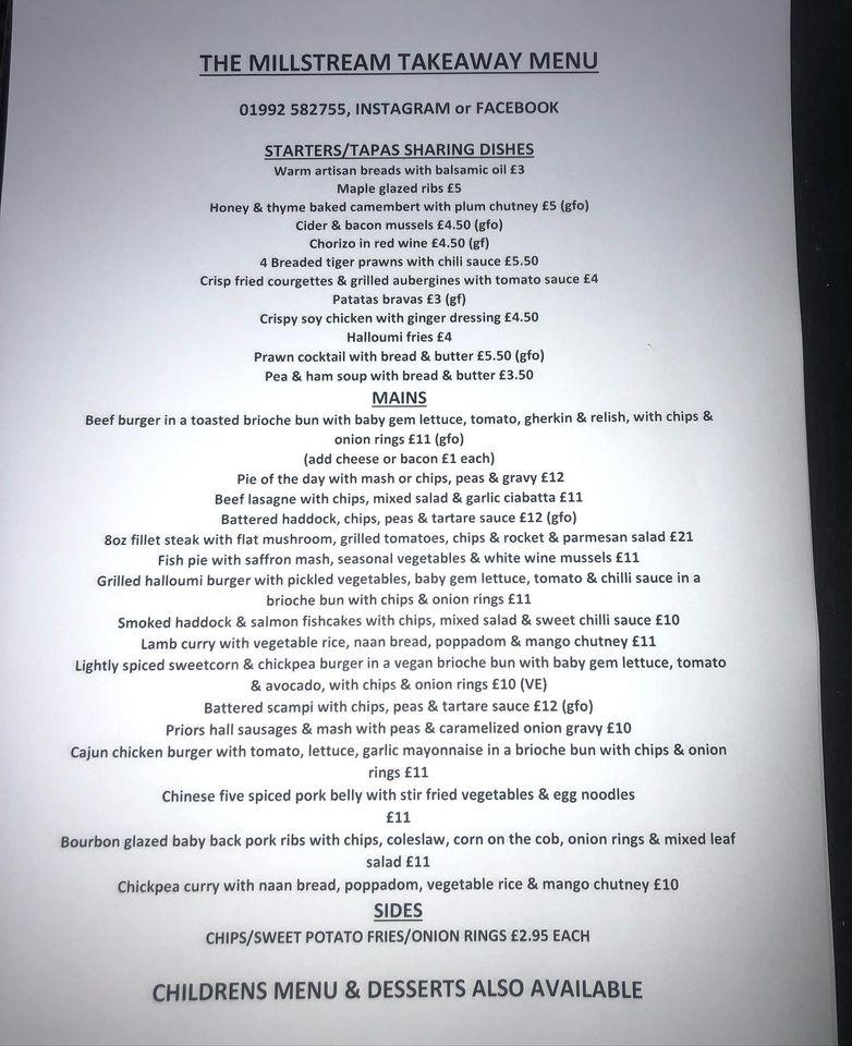 Menu at The Millstream pub & bar, Hertford