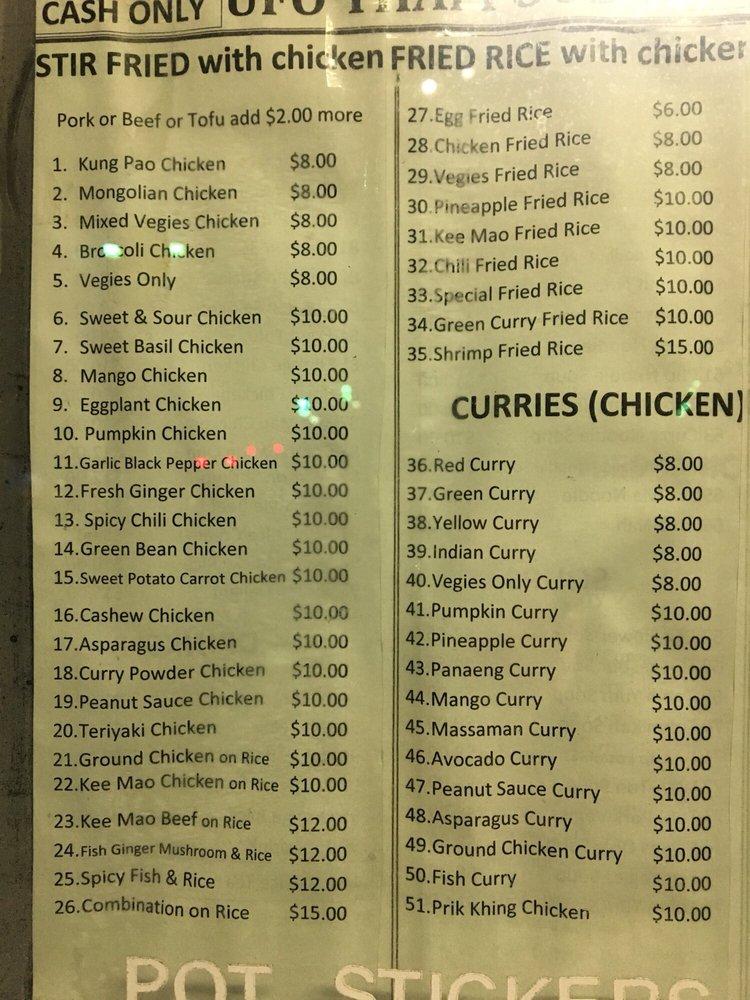 Menu at UFO Thai Food restaurant, Lebanon