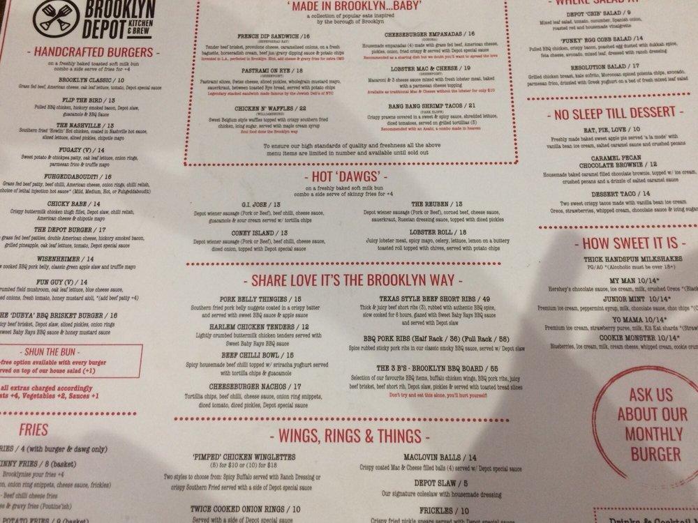 Menu at Brooklyn Depot, Southbank, Brisbane pub & bar, South Brisbane