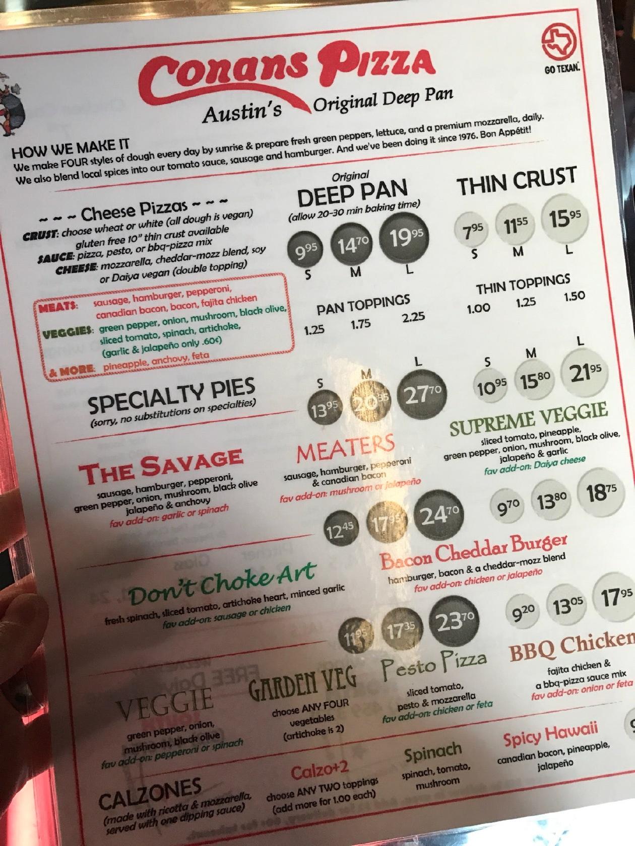 Carta de pizzería Conans Pizza North, Austin