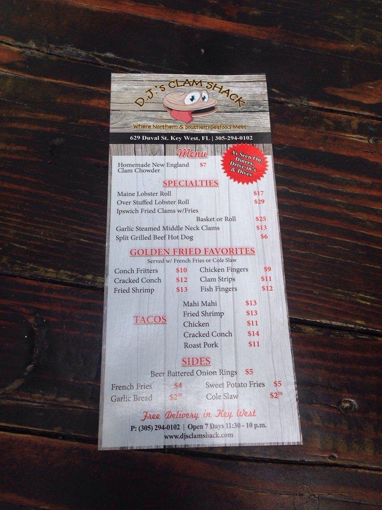 Menu at DJ's Clam Shack restaurant, Key West