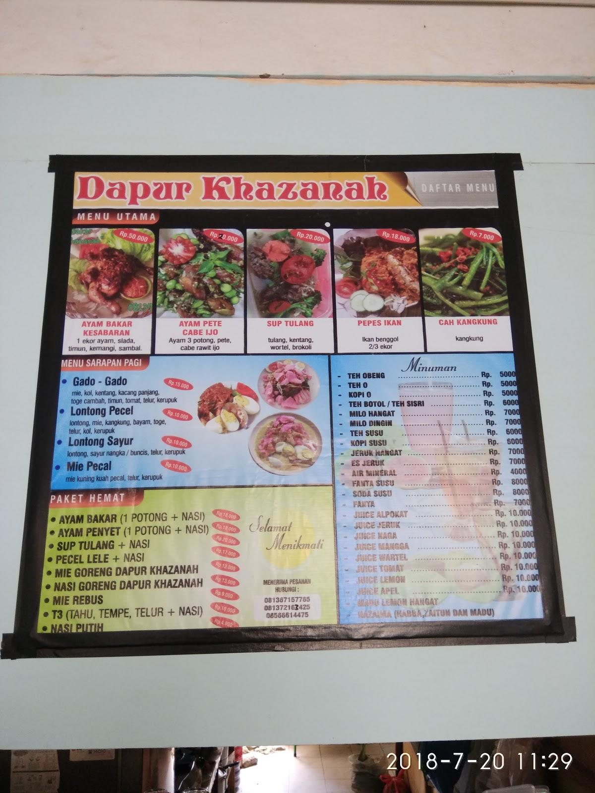 Menu at Dapur Khazanah restaurant, Batam