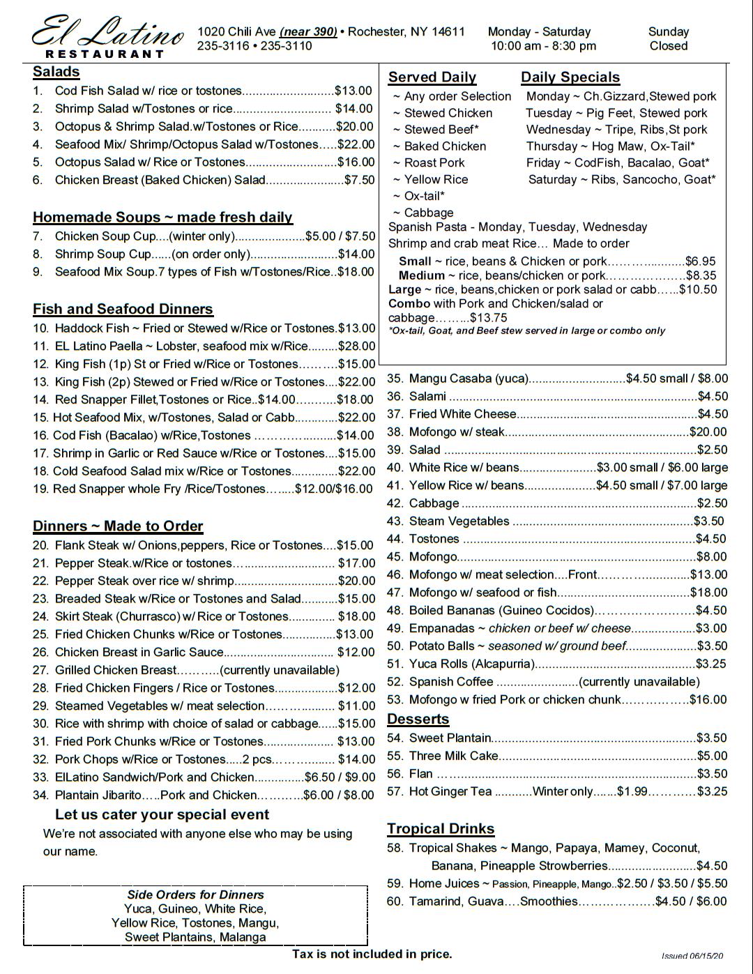 Menu at El Latino Restaurant, Rochester, Chili Ave