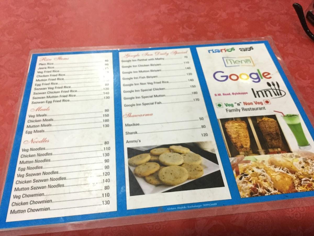 Menu at Google inn restaurant, Bylakuppe