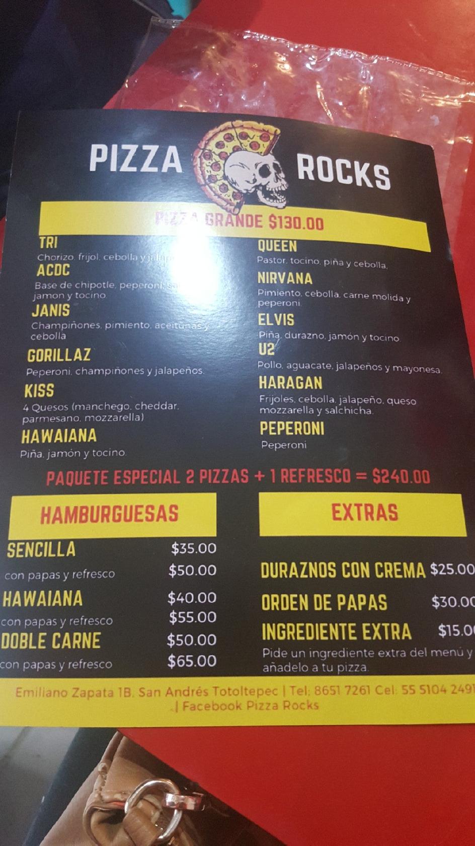 Carta del restaurante Pizza Rock’s, Ciudad del México