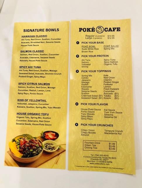 Menu at POKE CAFE, Charlotte