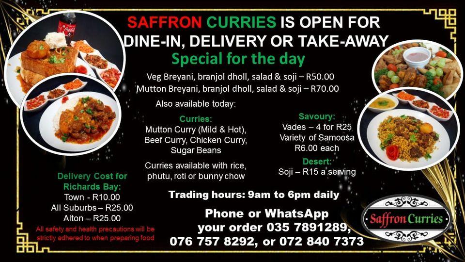 Menu at Saffron Curries restaurant, Richards Bay