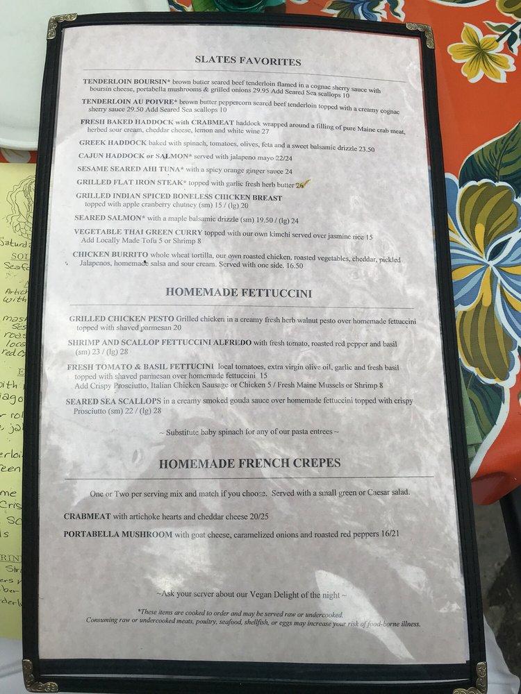 Menu at Slates Restaurant, Hallowell