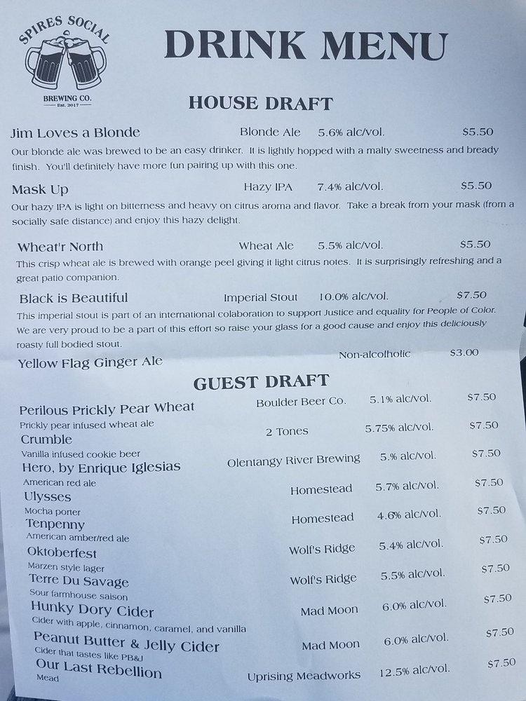Menu at Spires Social Brewing Co., Columbus