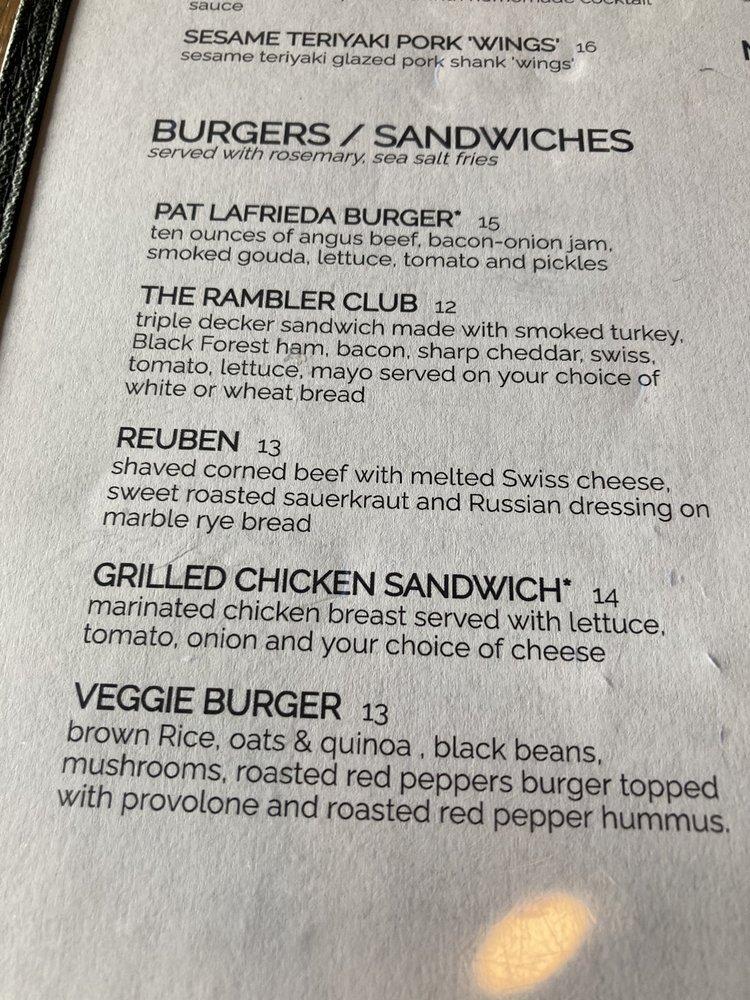 Menu at The Rambler restaurant, Cambridge Springs