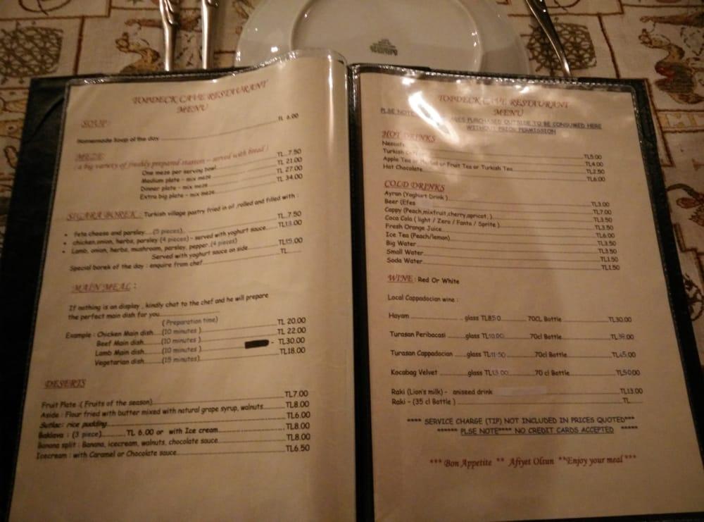 Menu at Topdeck Cave, Göreme Belediyesi