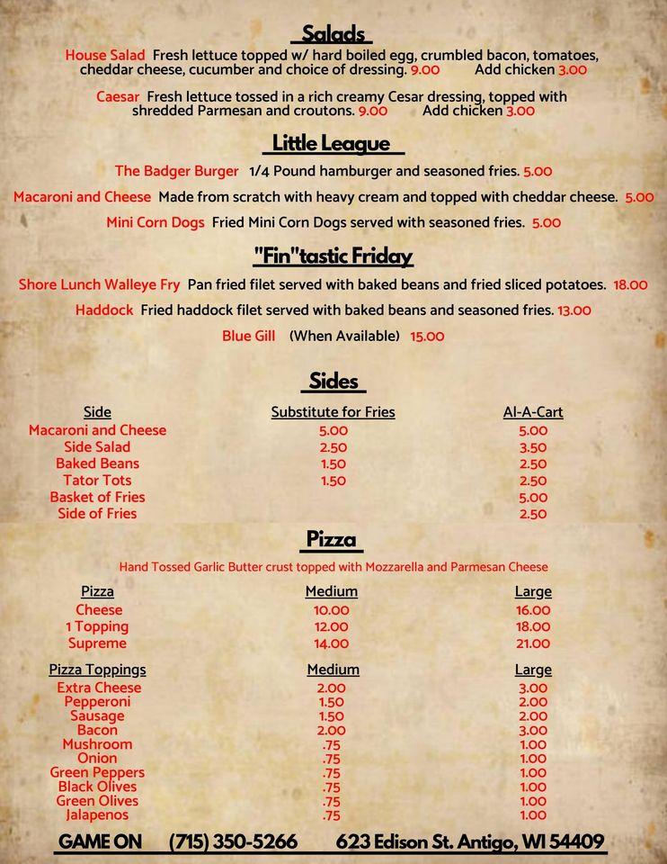 Menu at Game On pub & bar, Antigo