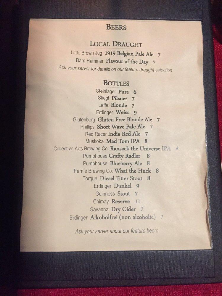 Menu at Peasant Cookery restaurant, Winnipeg