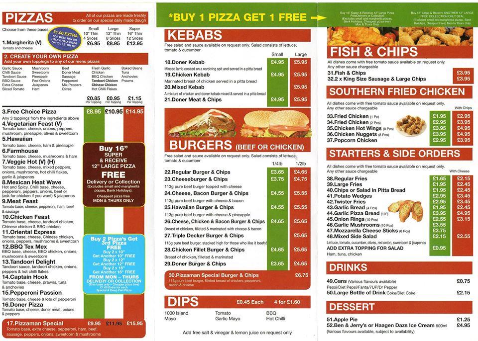 Menu at Pizza Man fast food, Long Buckby