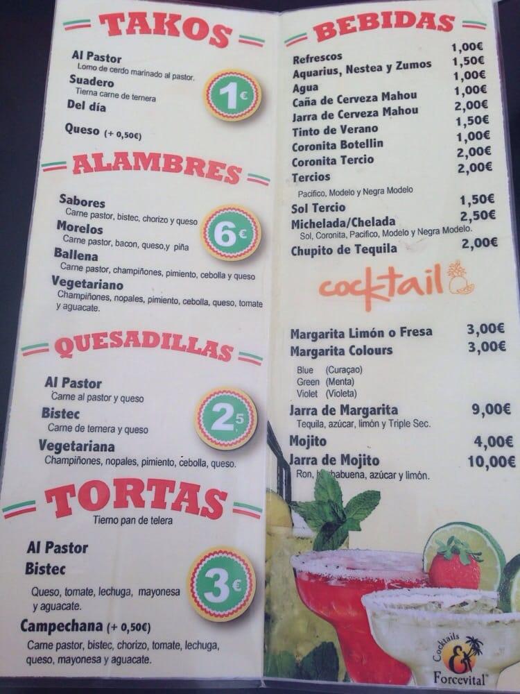 Menu at Takos Al Pastor restaurant, Madrid, C. de la Salud