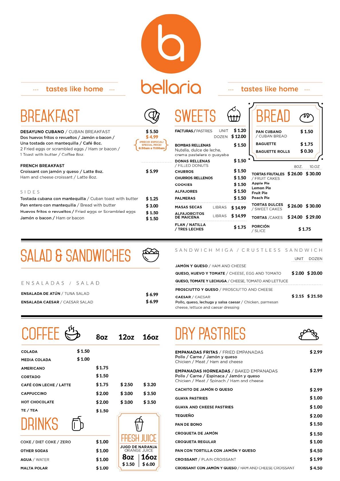 Menu at Bellaria Bakery, Miami