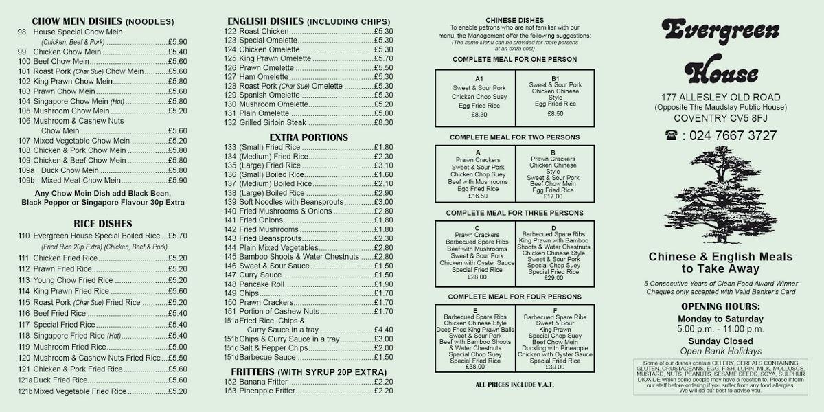 Menu at Evergreen fast food, Coventry