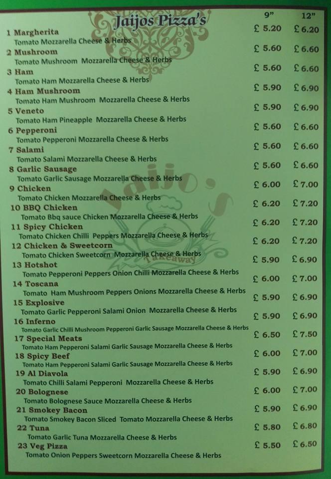 Menu at Jaijo's pizzeria, Workington