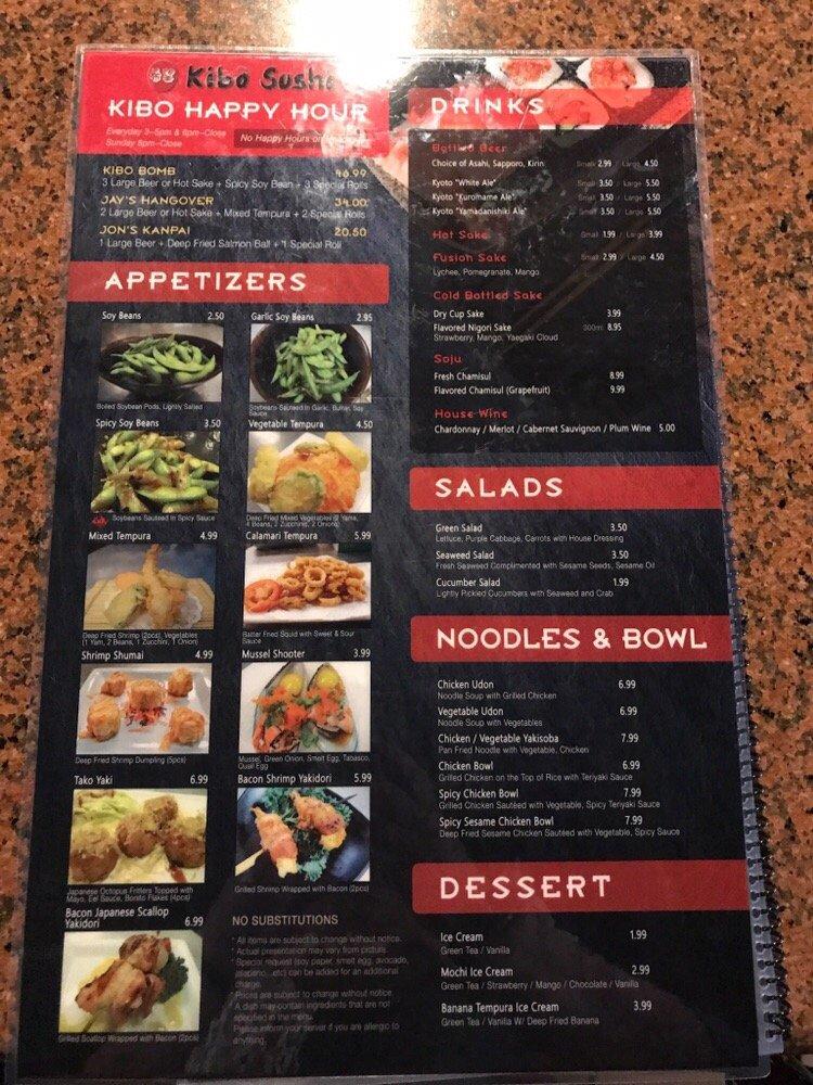 Menu at Kibo Sushi restaurant, Ventura