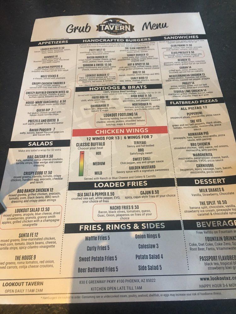 Menu at Lookout Tavern pub & bar, Phoenix