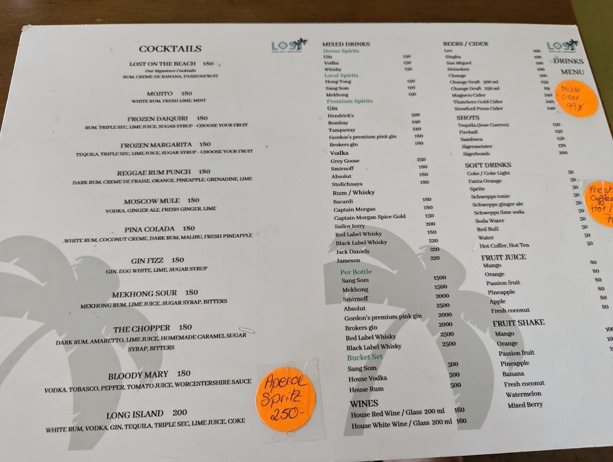 Menu at Lost Beach Bar, Ko Samui