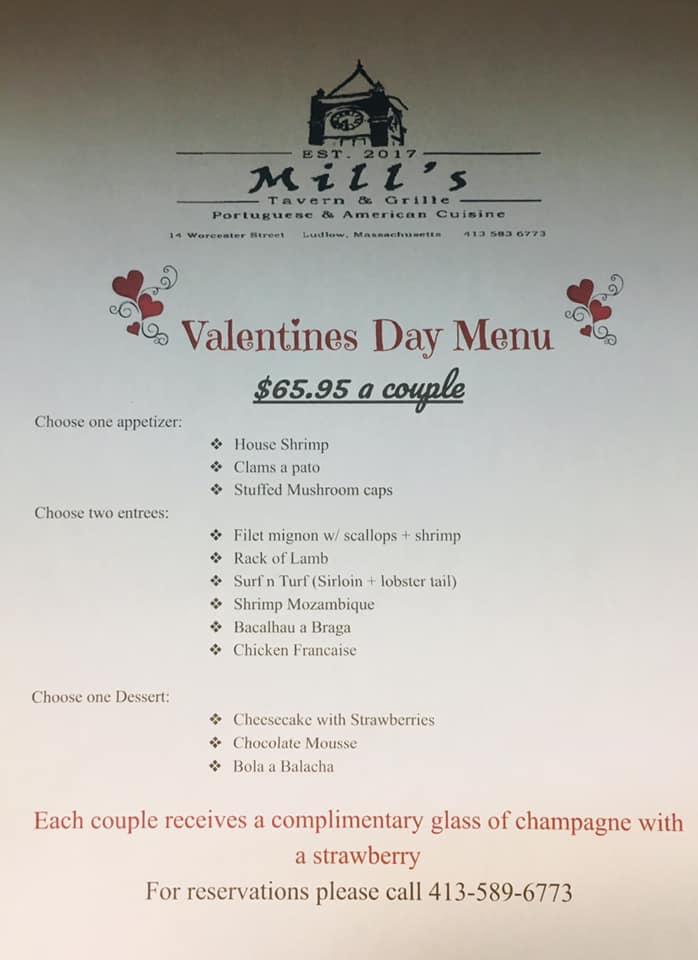 Menu at Mill's Tavern & Grille restaurant, Ludlow