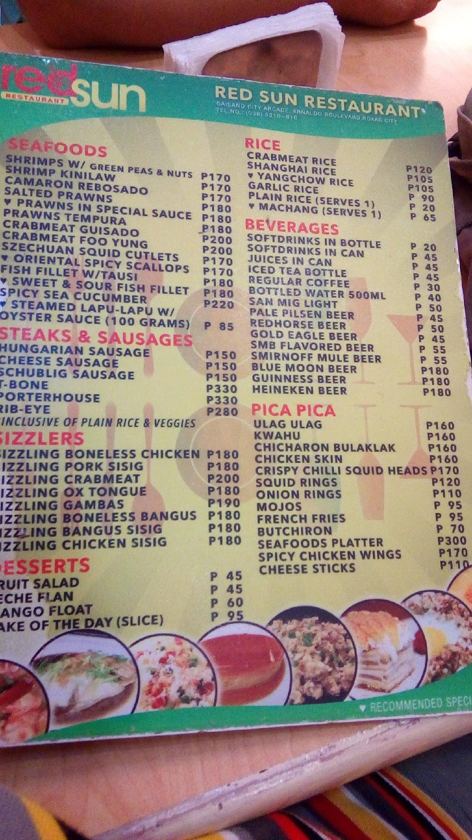 Menu at Red Sun restaurant, Roxas City