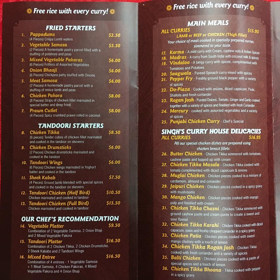 Menu at Singh's Curry House restaurant, Currimundi