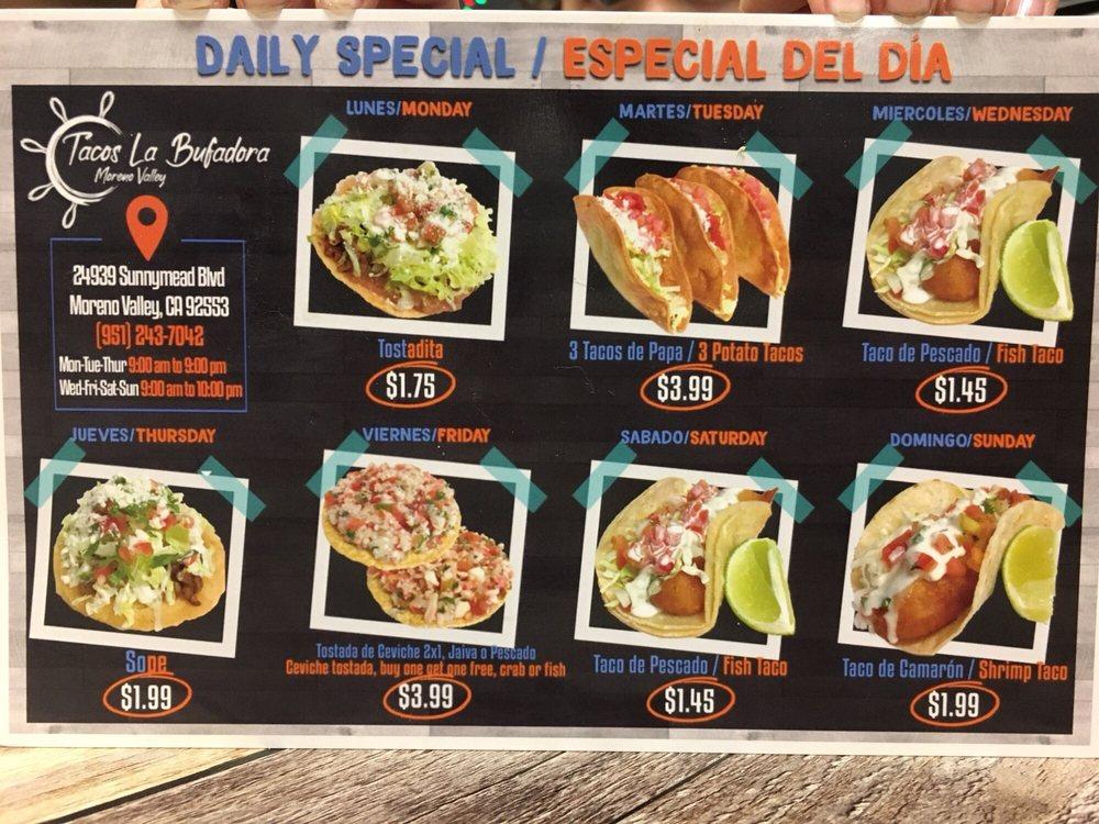 Menu at Tacos La Bufadora restaurant, Moreno Valley