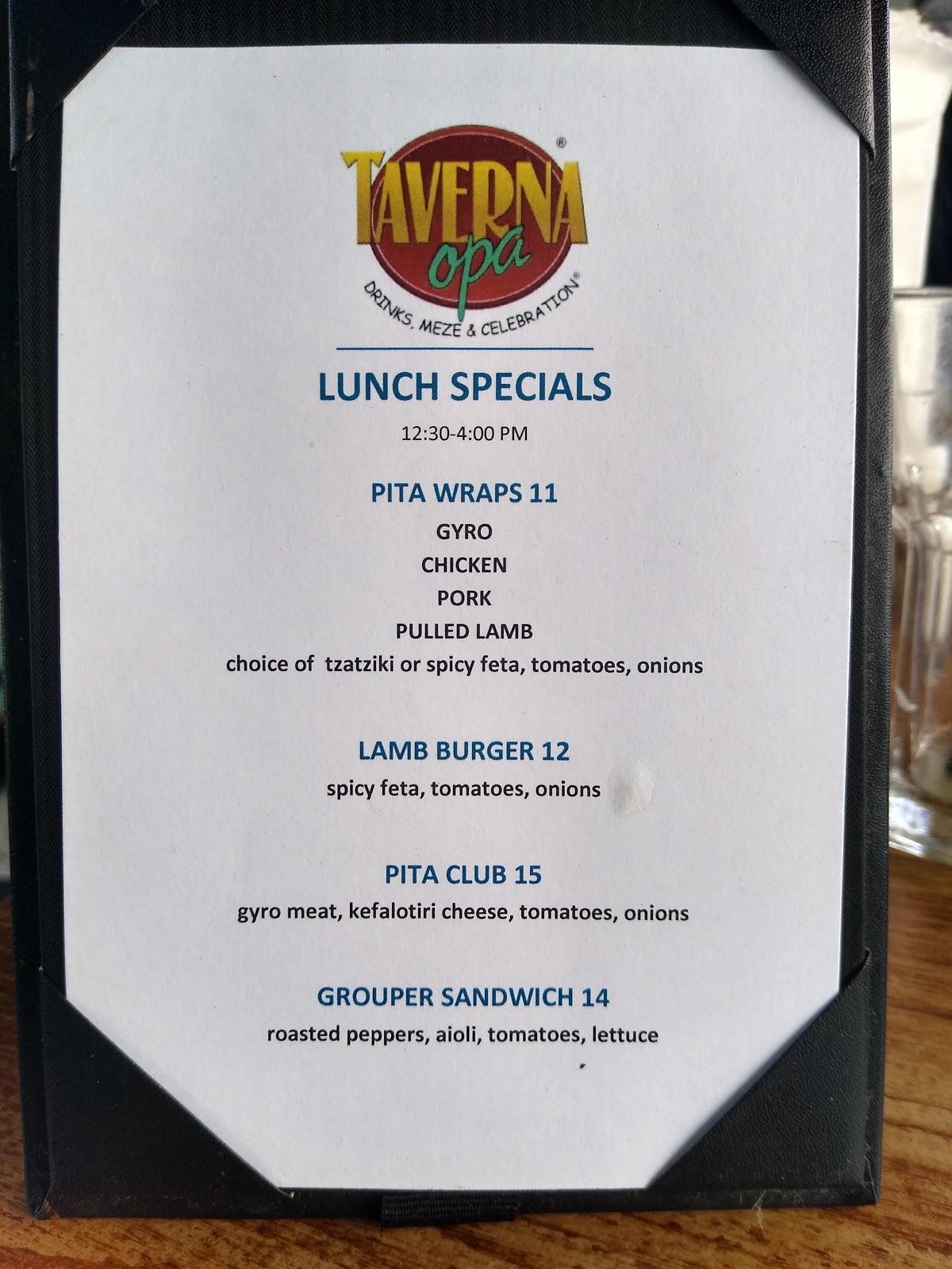 Menu at Taverna Opa restaurant, Hollywood