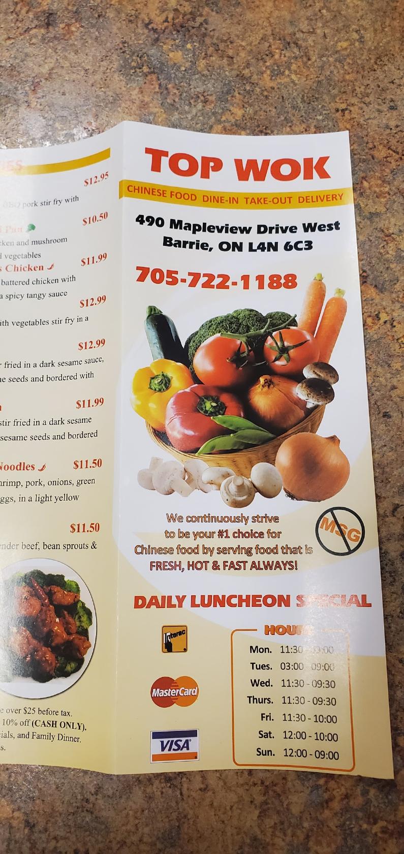 Menu at Top Wok restaurant, Barrie
