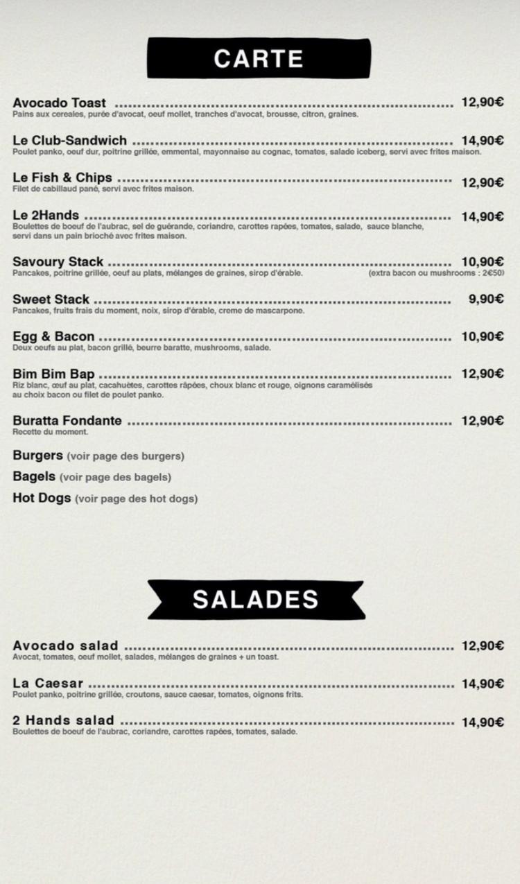 Menu at 2 Hands restaurant, Montpellier