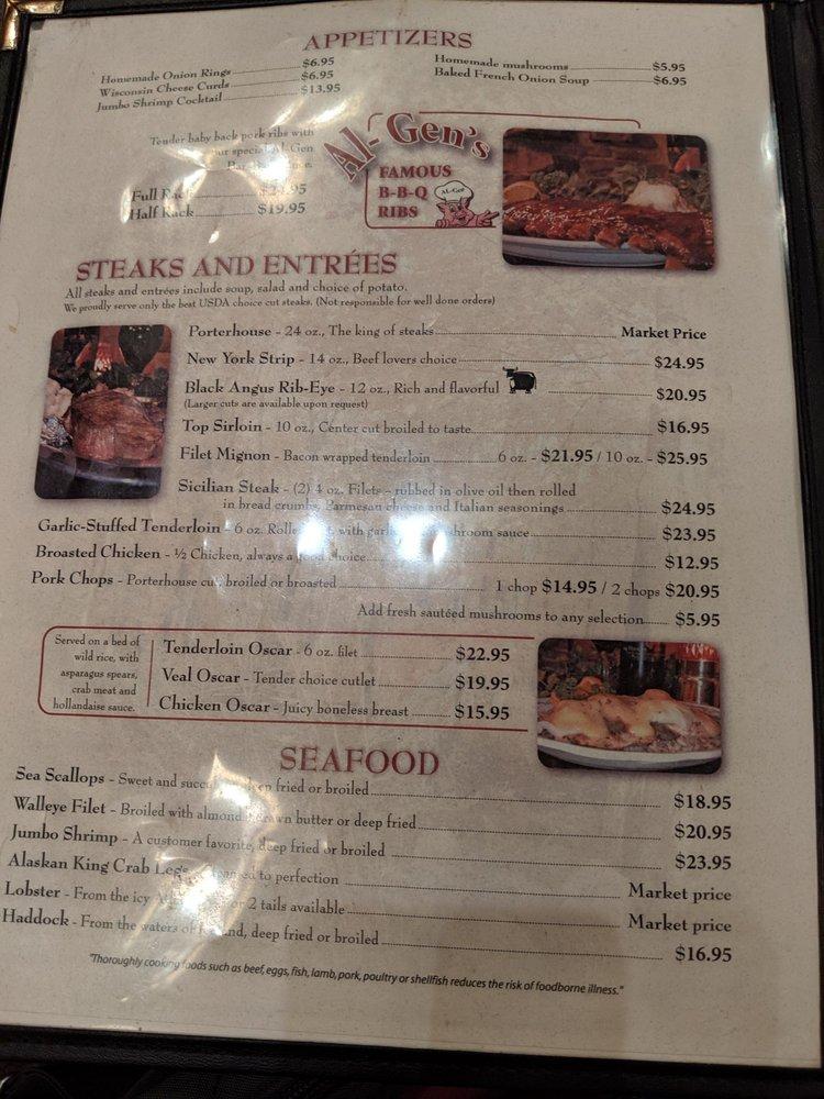 Menu at Al-Gen Dinner Club, Rhinelander