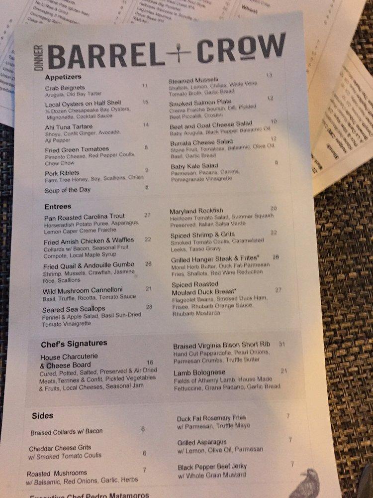 Menu at Barrel & Crow, Bethesda