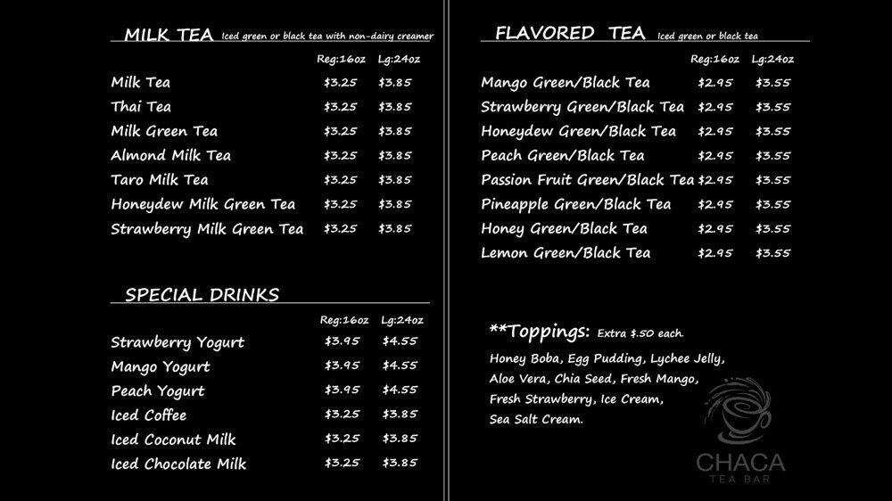 Menu at Chaca Tea Bar, Redlands