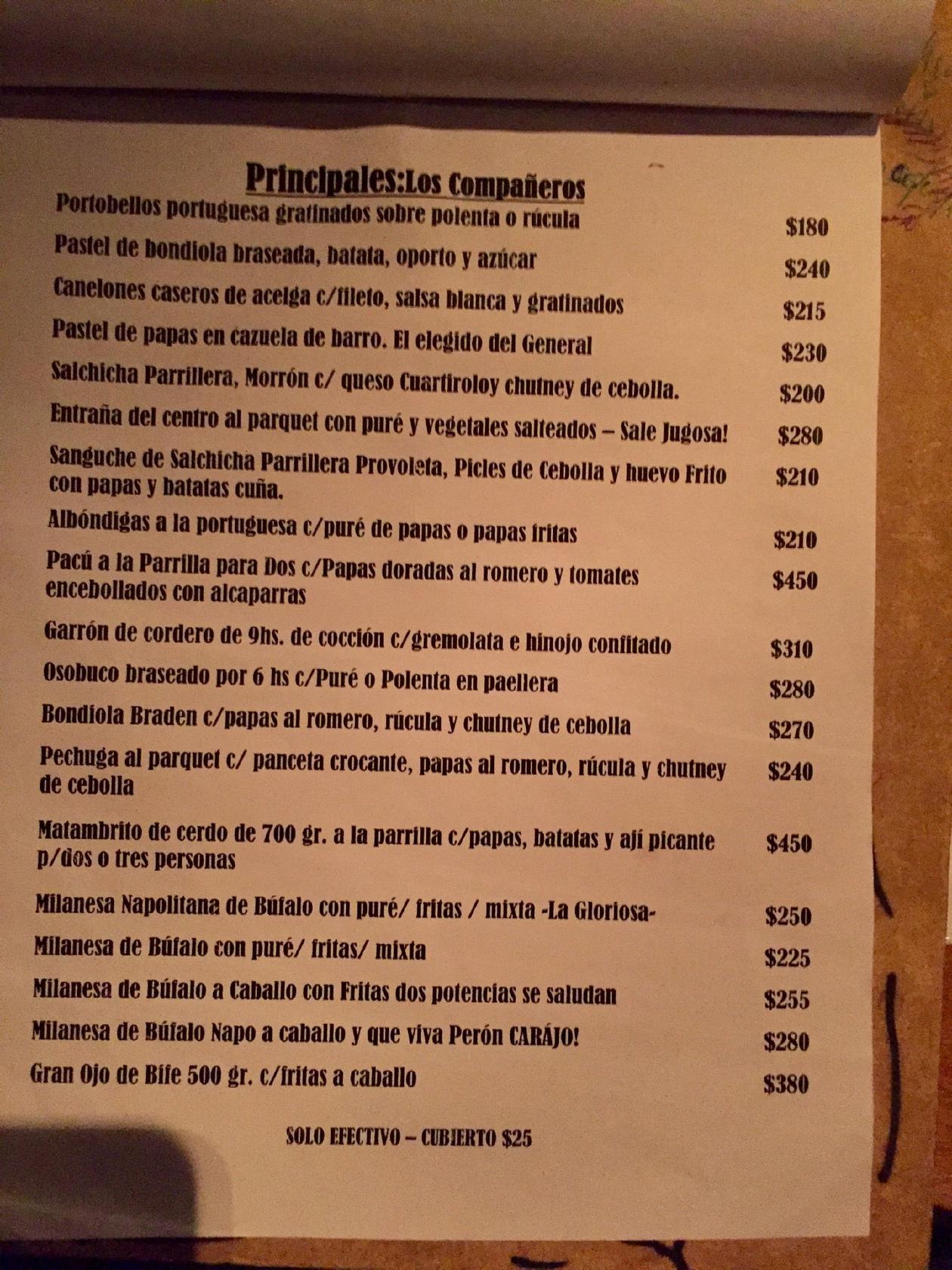 Menu at Perón Perón RestoBar, Buenos Aires