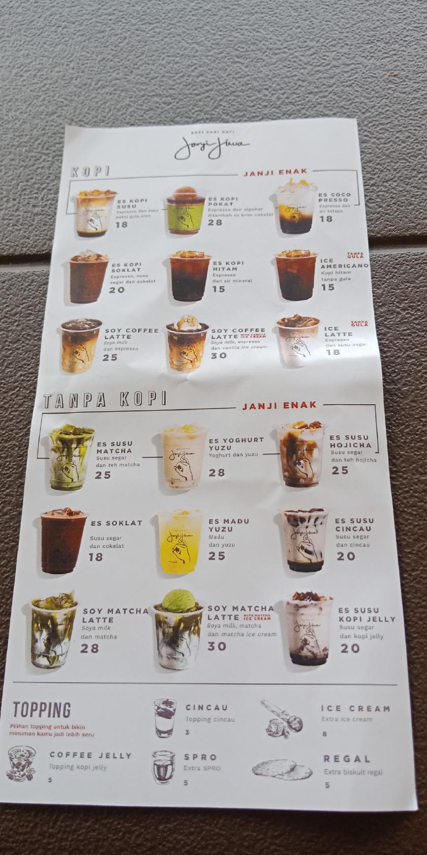 Menu at Janji Jiwa Coffee, Muara Enim