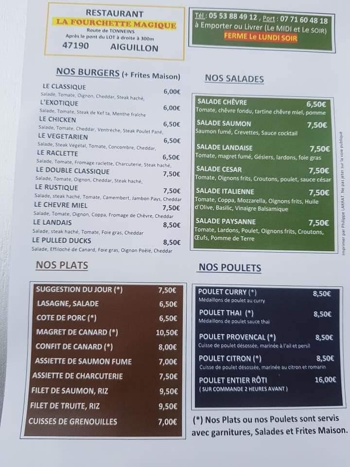 Menu au La fourchette magique restaurant, Aiguillon, Route de Tonneins