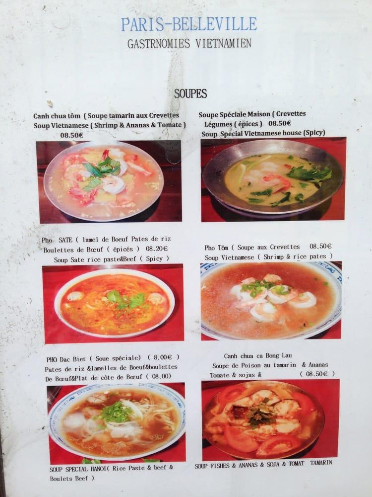 Menu at Pho 19 restaurant, Paris, 43 Rue de Belleville