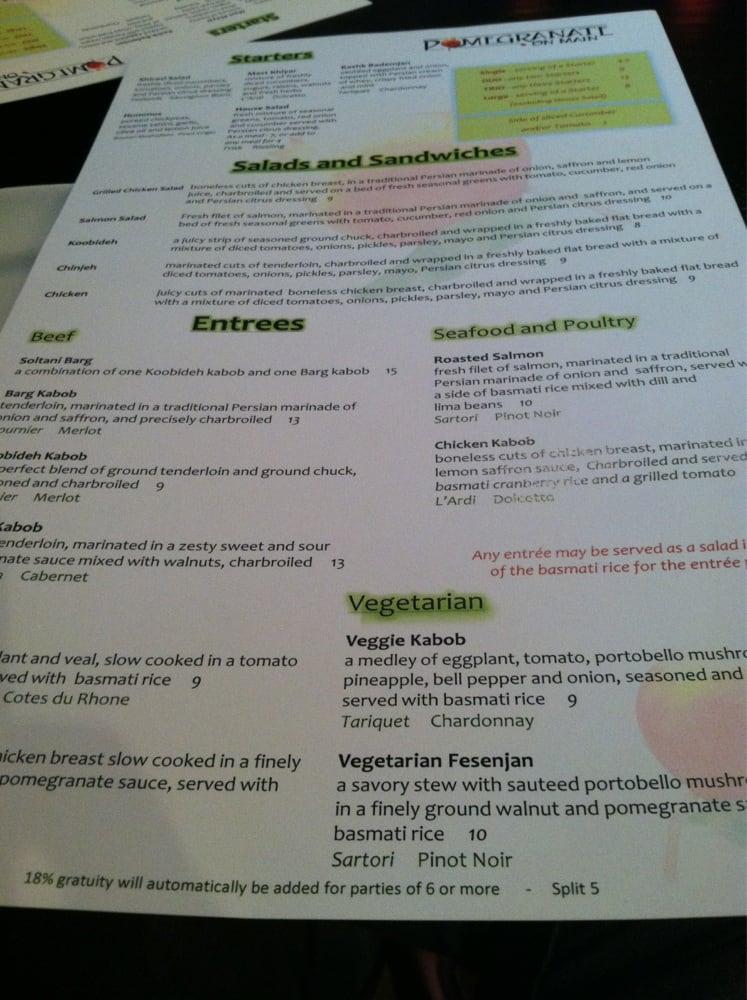Menu at Pomegranate on Main pub & bar, Greenville