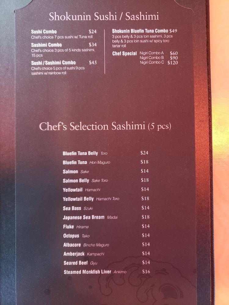 Menu at Shokunin Sushi and Japanese Cuisine restaurant, Lincoln