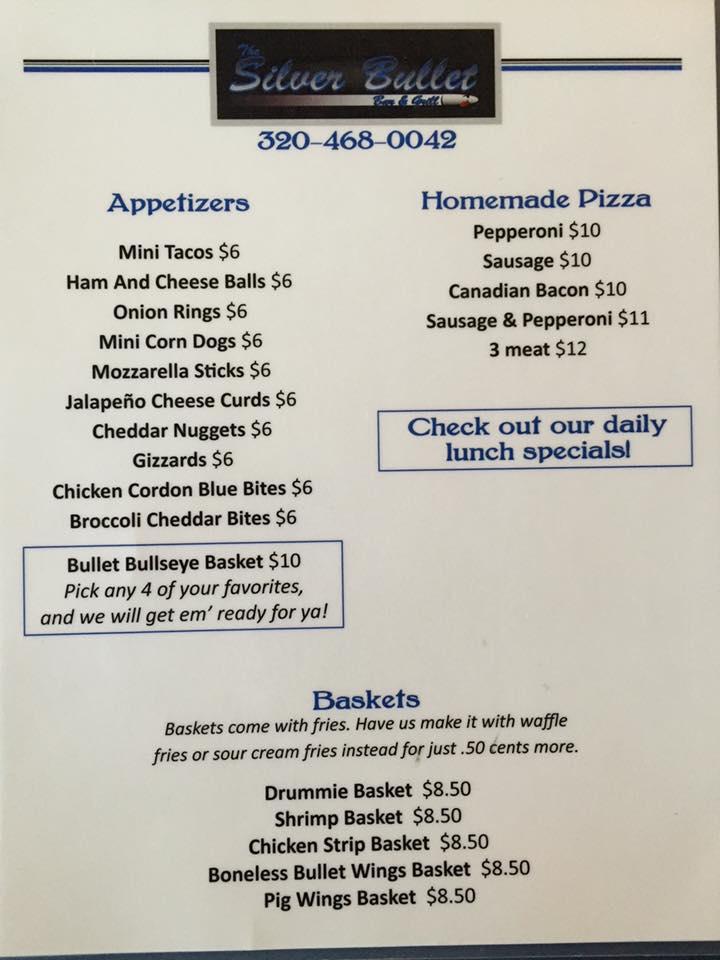 Menu at Silver Bullet Bar & Grill, Pierz