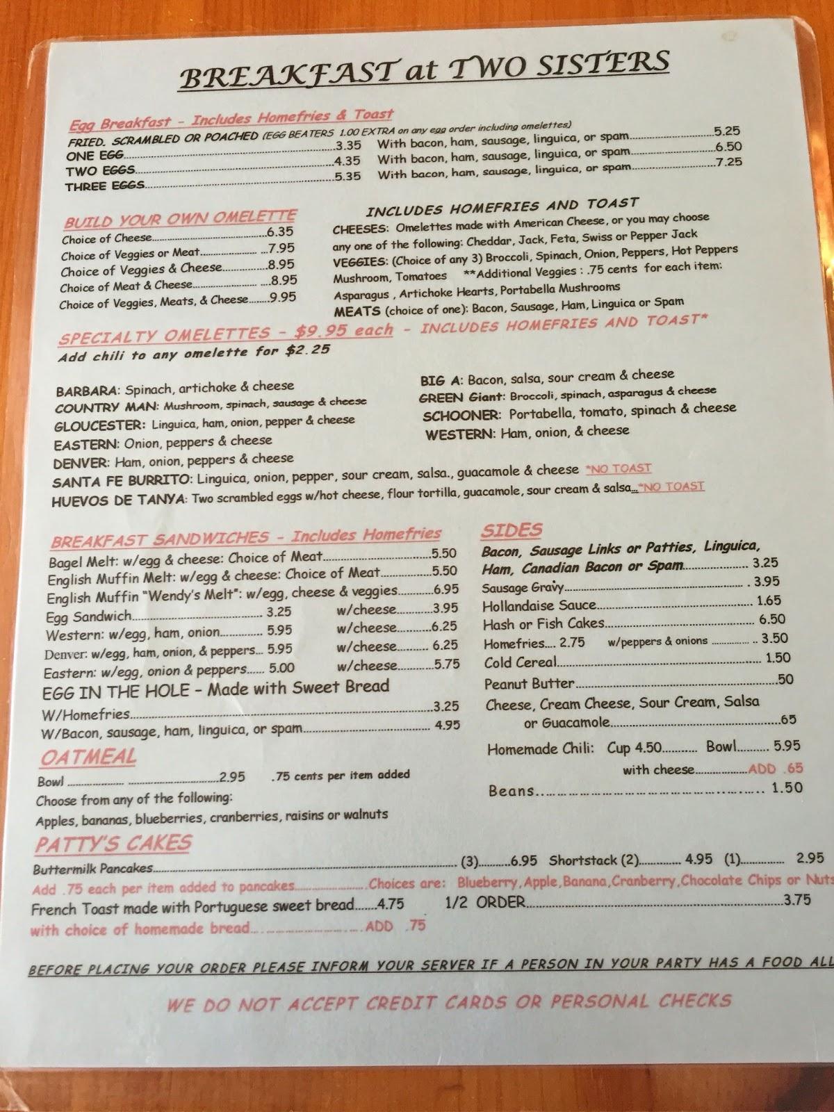 Menu at Two Sisters Coffee Shop restaurant, Gloucester
